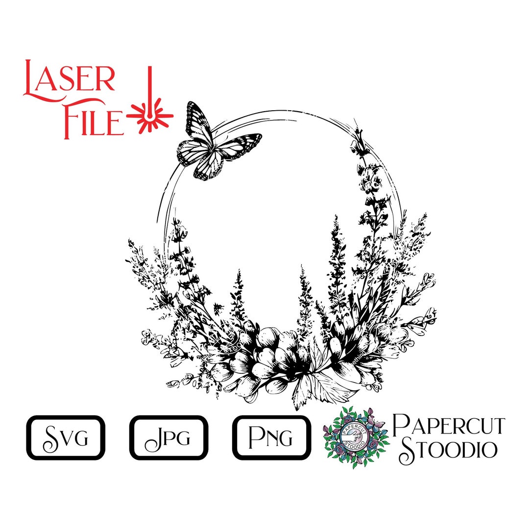 Laser Engrave File, Butterfly Flowers SVG, Spring Garden Flowers Rustic ...