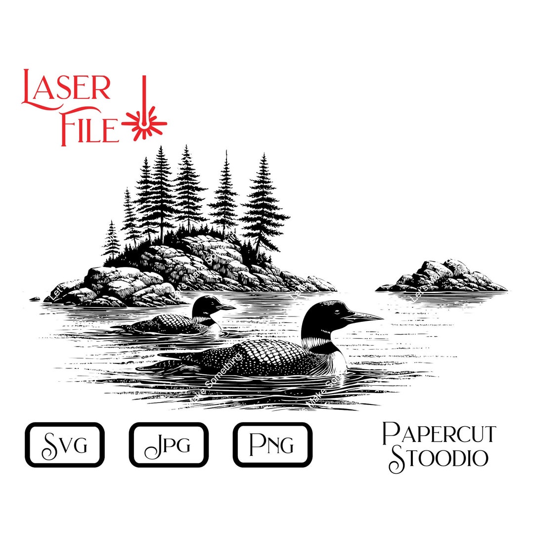 Laser Engrave File, Loons on Lake SVG, Lightburn Glowforge Digital ...