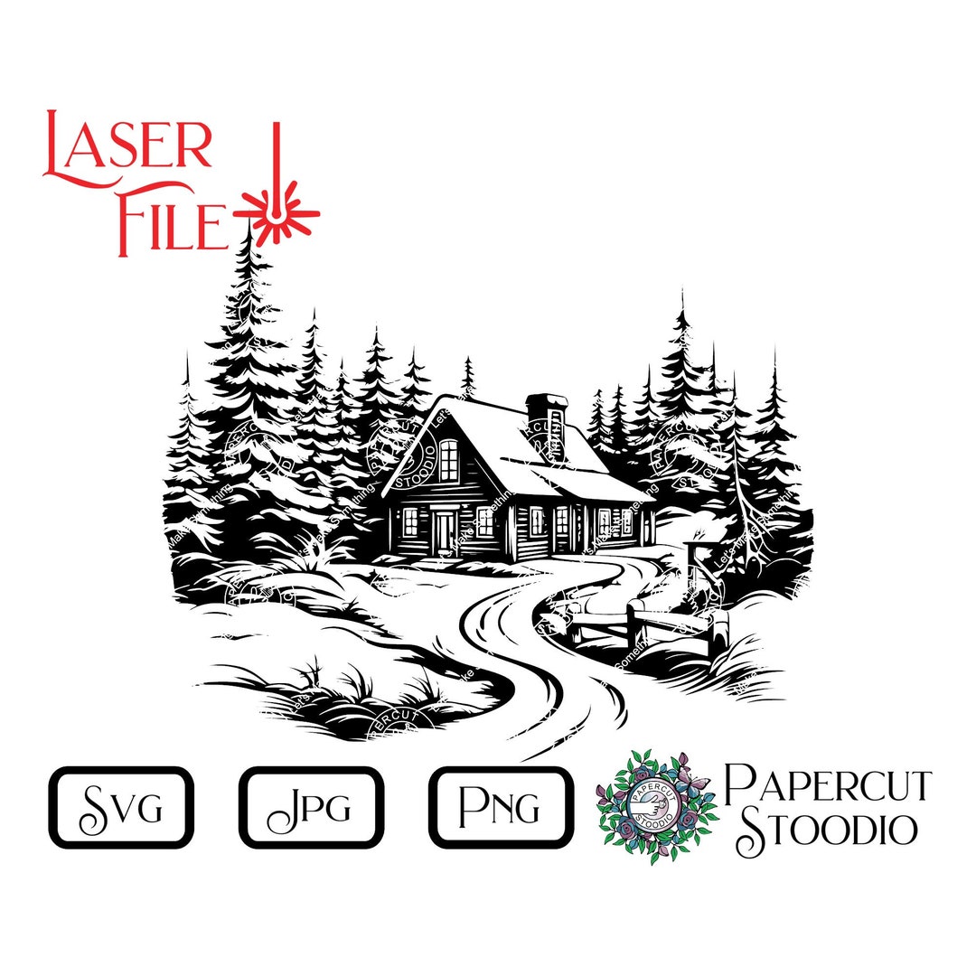 Laser Engrave File, Snow Cabin #1 SVG, Lightburn Glowforge Wood Burn ...