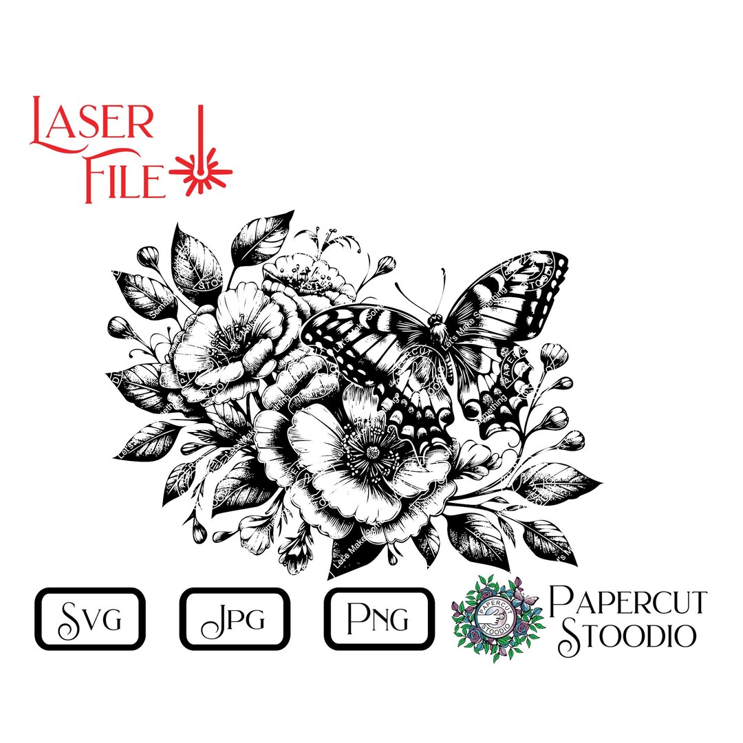 Laser Engrave File, Butterfly Flowers SVG, Spring Garden Flowers Rustic ...