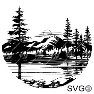 Lake Scene SVG DXF, Round Lakeview Scenic Lake Mountain Forest Outdoor ...