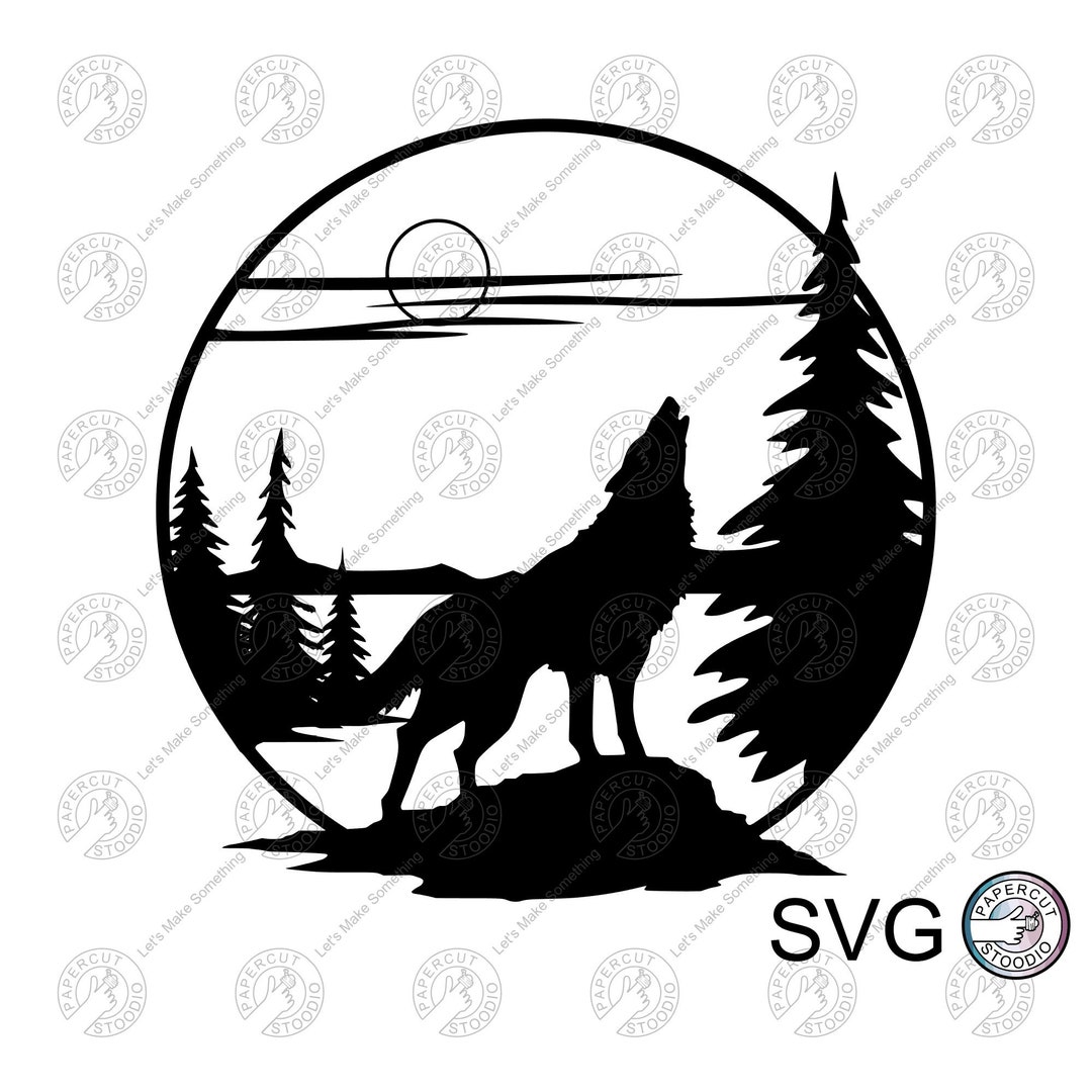 Lake Wolf Easy SVG, Howling Wolf, Lake, Mountain, Moon, Pine Tree ...