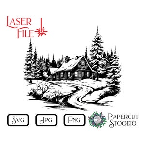 Laser Engrave File, Snow Cabin #2 SVG, Lightburn Glowforge Wood Burn ...