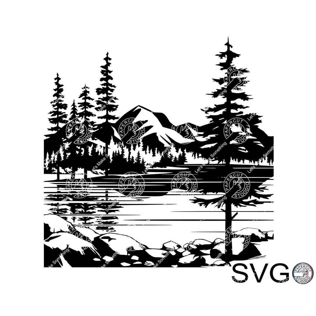 Lake Scene SVG, DXF Jpg Square Lakeview Scenic Lake Mountain Forest ...
