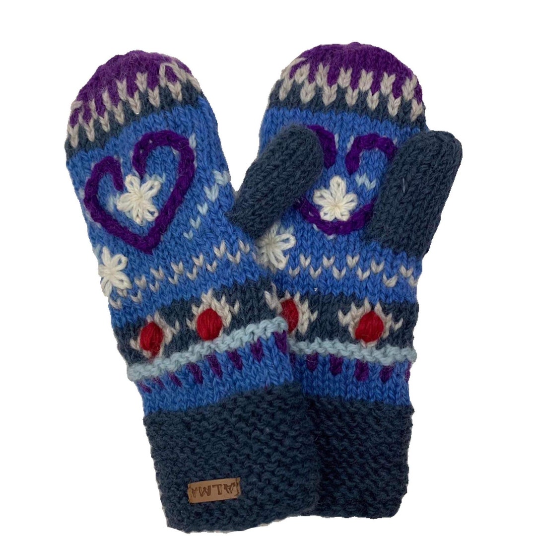 100% Lamb Wool Mittens - Fleece Lined - Hand Embroidered Heart and ...