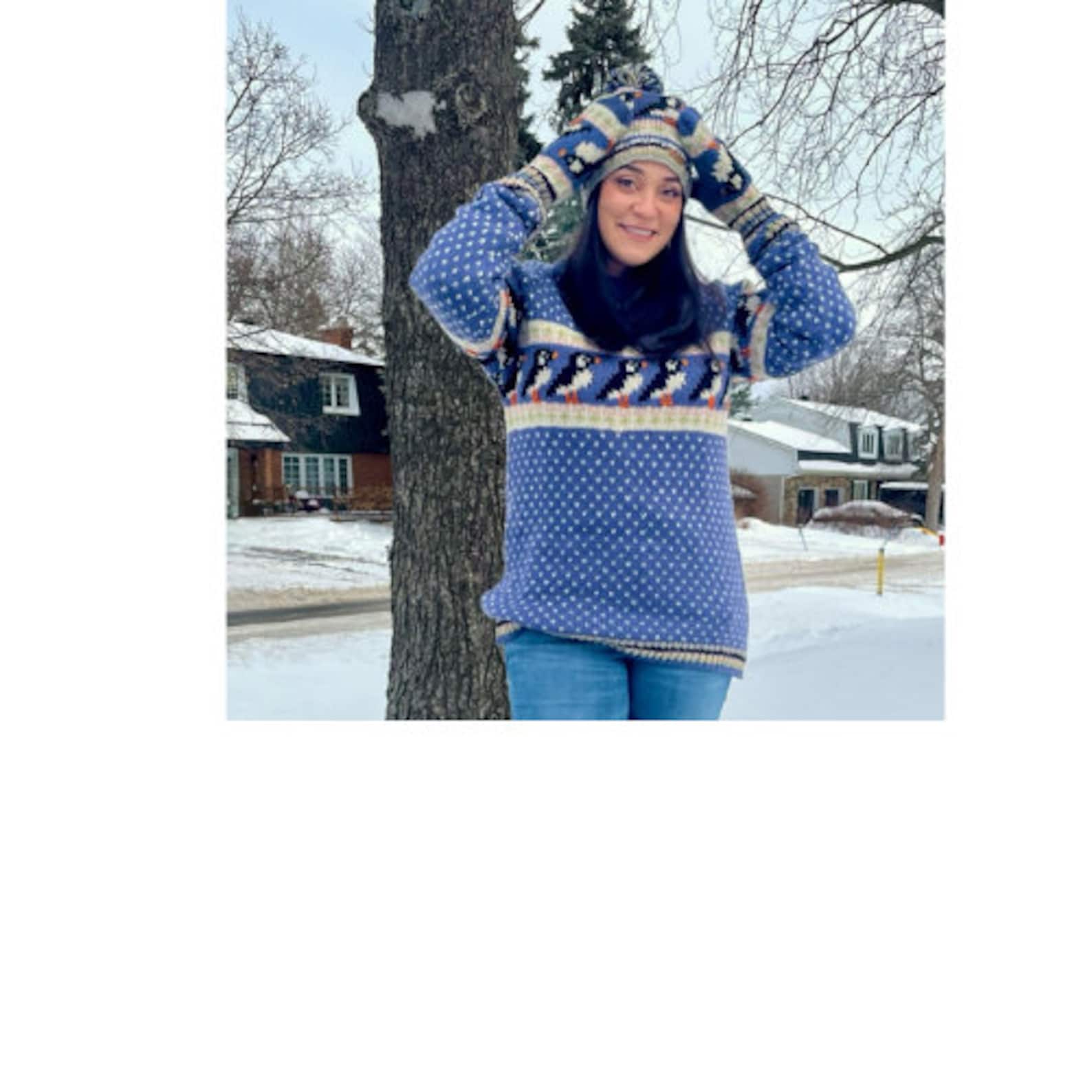 Handknit Wool Puffin Sweater: Soft Warm Bird Design, Blue Jumper, Fair ...