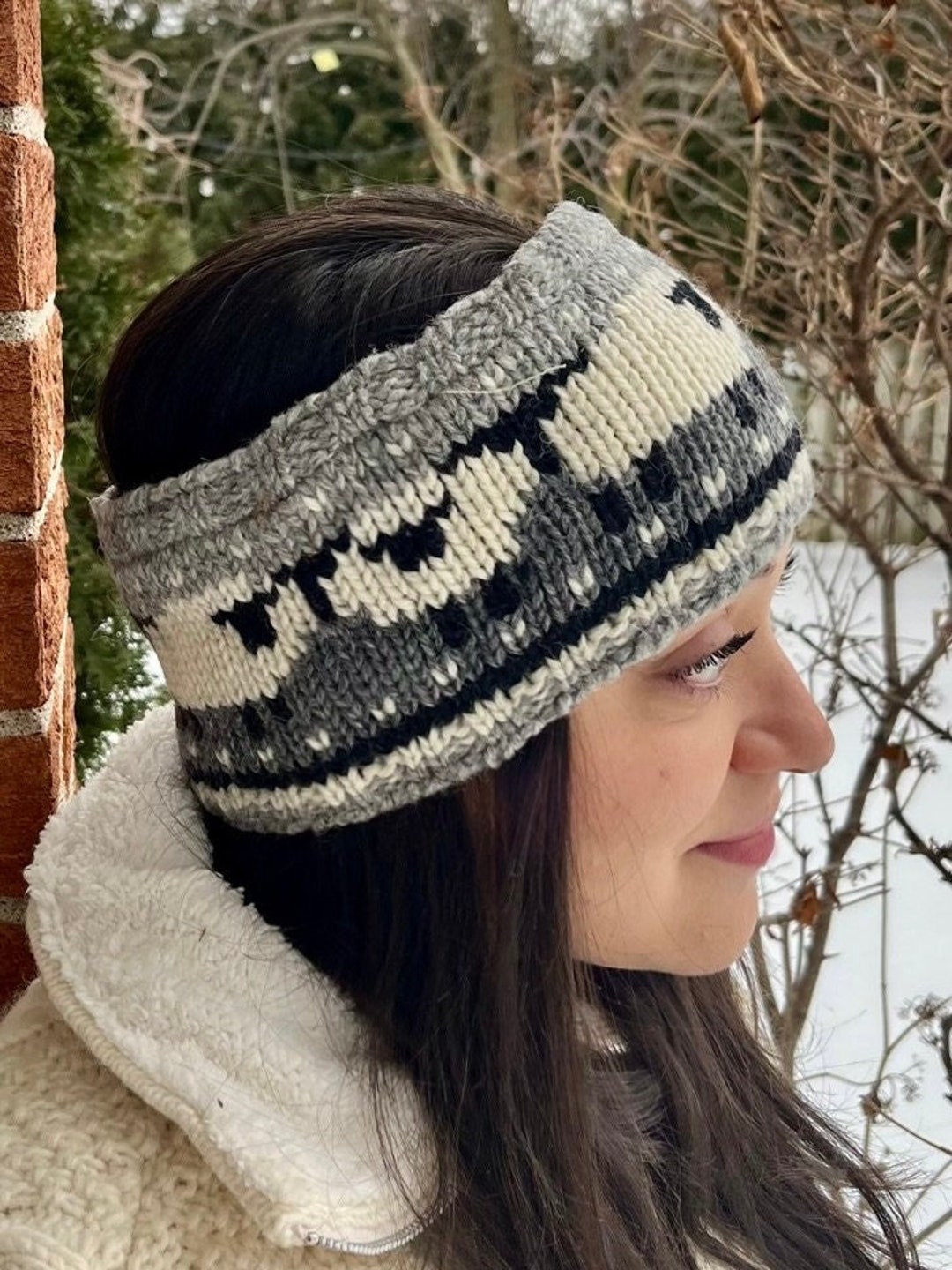 100% Lamb Wool Headband Hand Knitted Sheep Design Fleece Lined Winter ...