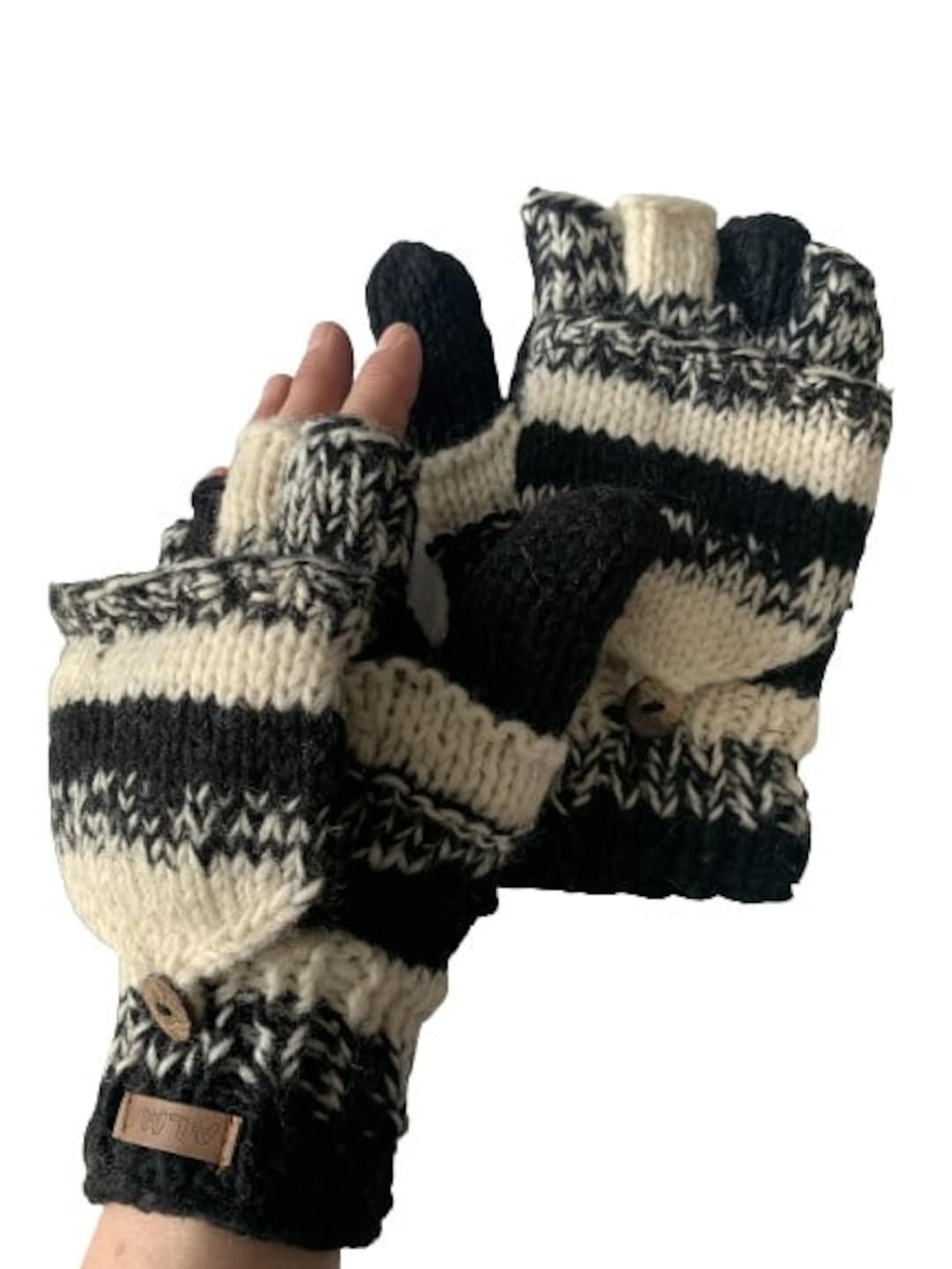Hand Knit Lamb Wool Convertible Mittens: Fleece Lined Texting Winter ...