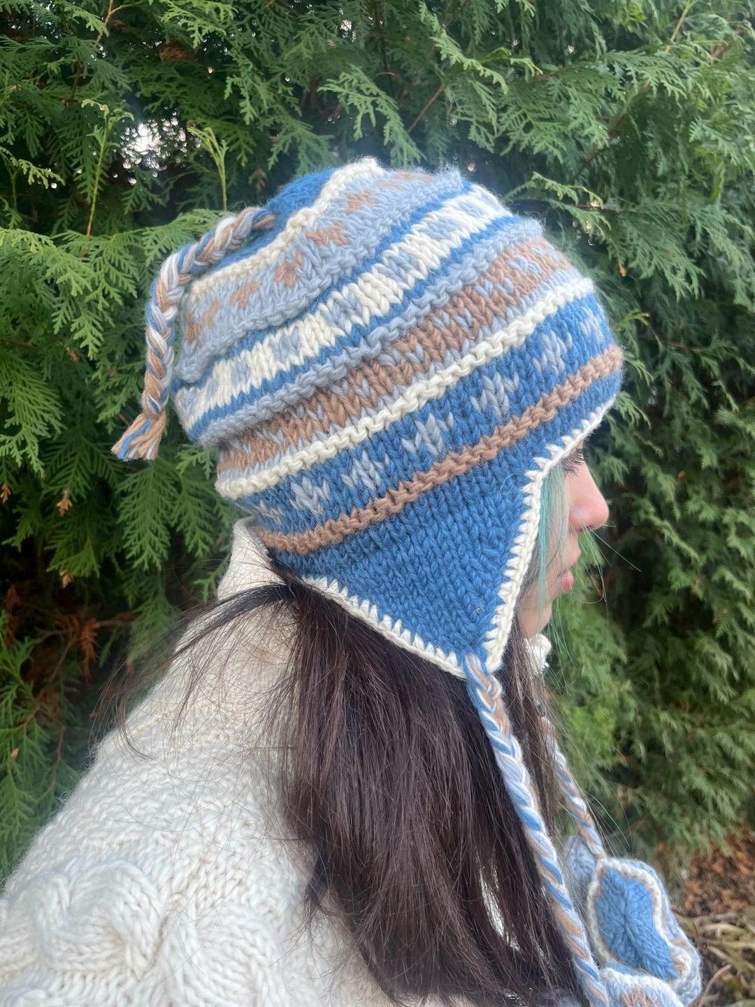 Hand-knitted Lamb Wool Hat: Fair Isle Fleece Lined Earflap Winter Tuque ...