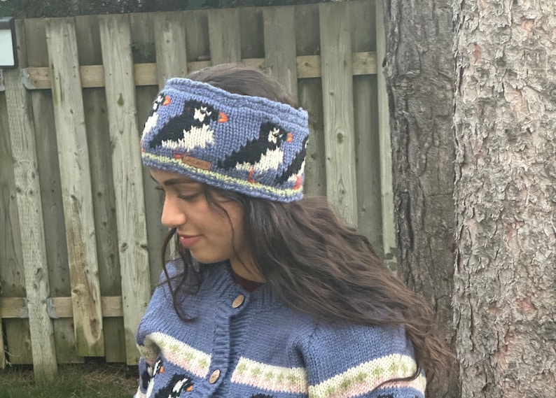 Hand-knit Lamb Wool Headband: Puffin Design Ear Warmer, Fleece Lined - Etsy