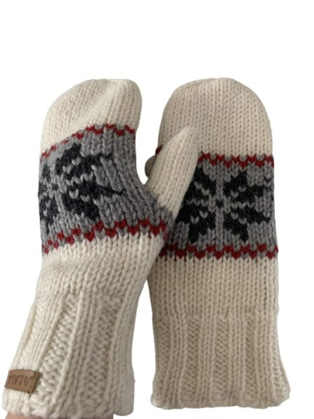 100% Lamb Wool Mittens Unisex Hand Knitted Fleece Lined Snowflakes ...