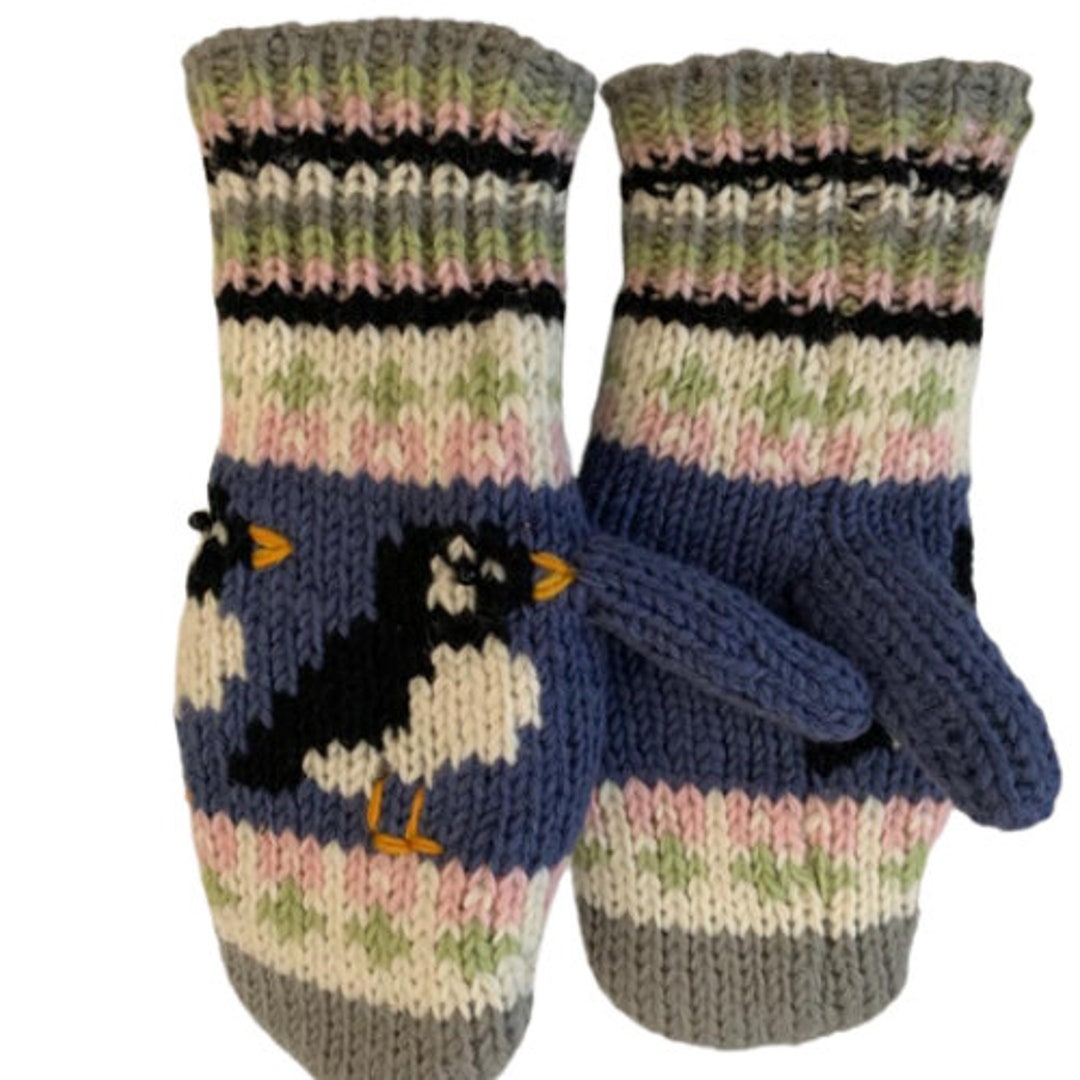 Women's Hand Knit Puffin Mittens, 100% Wool , Fleece Lined, Fair Ile ...