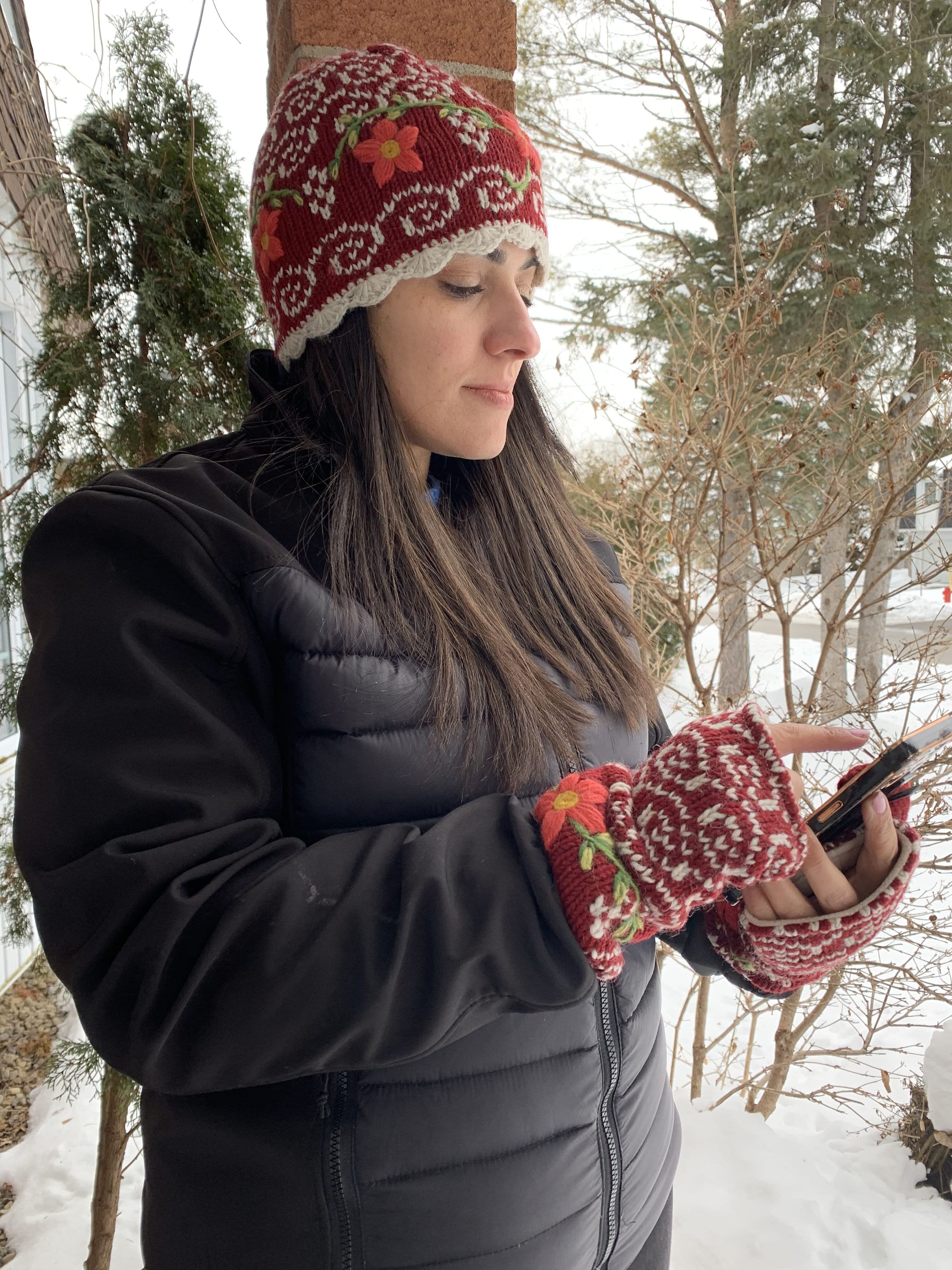 Hand-knitted Maroon Lambswool Beanie: Embroidered Flower Fleece-lined ...