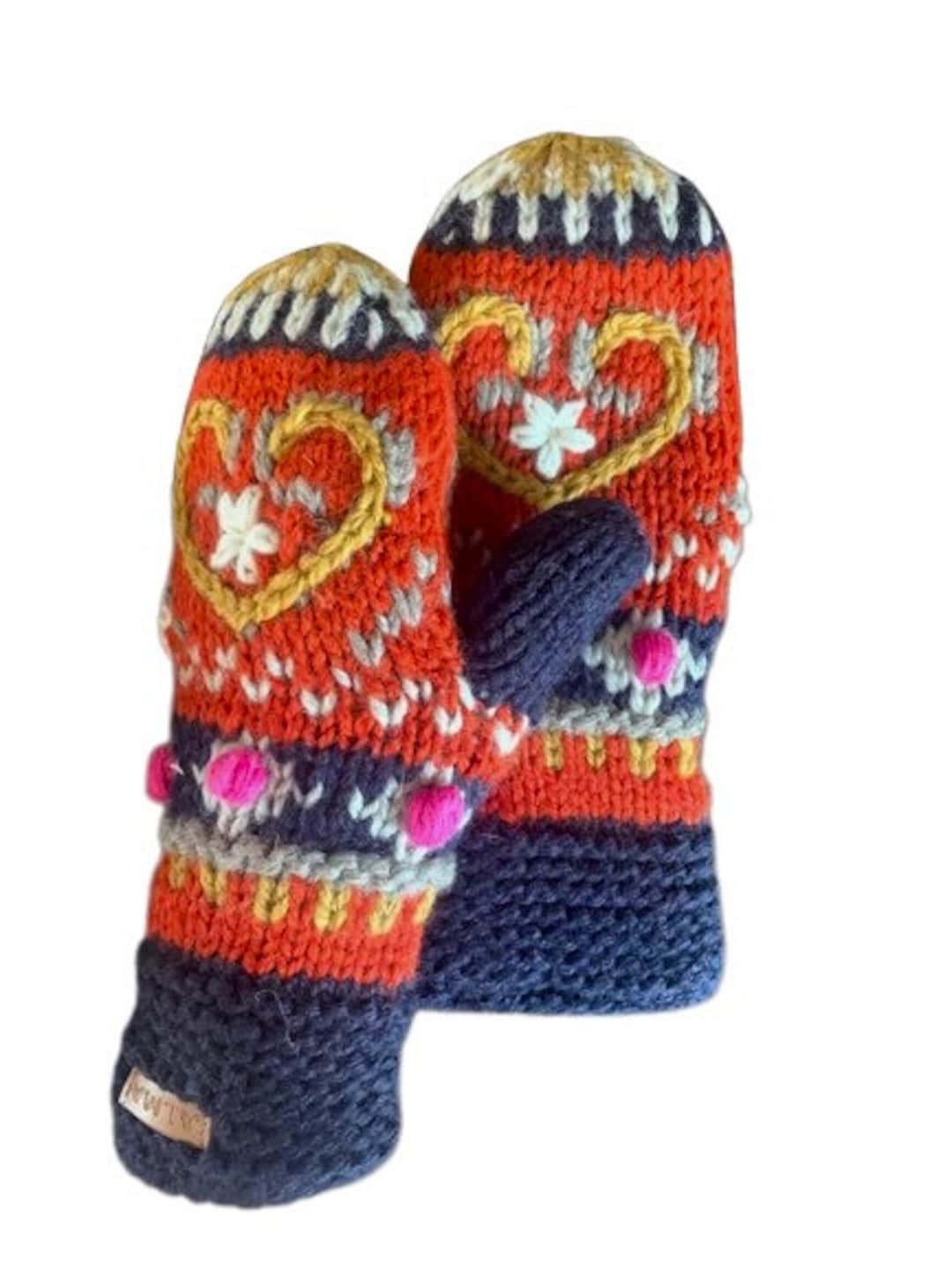 100% Lamb Wool Mittens Fleece Lined Hand Embroidered Heart and Flower ...