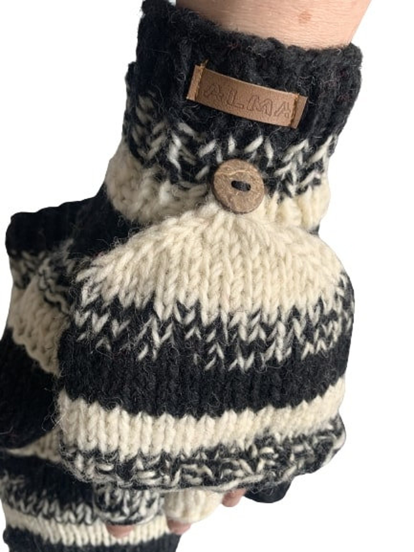 Hand Knit Lamb Wool Convertible Mittens: Fleece Lined Texting Winter ...