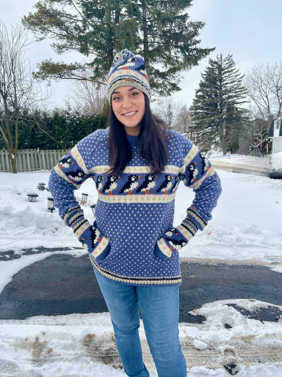 Handknit Wool Puffin Sweater: Soft Warm Bird Design, Blue Jumper, Fair ...