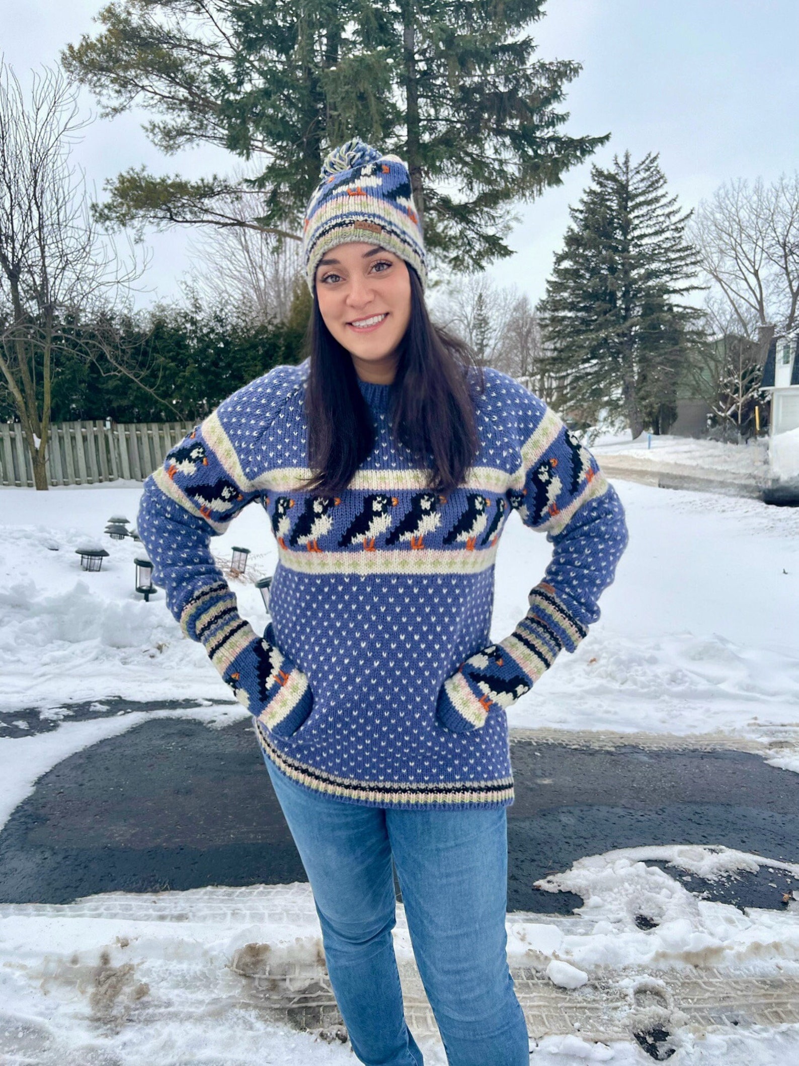 Handknit Wool Puffin Sweater: Soft Warm Bird Design, Blue Jumper, Fair ...