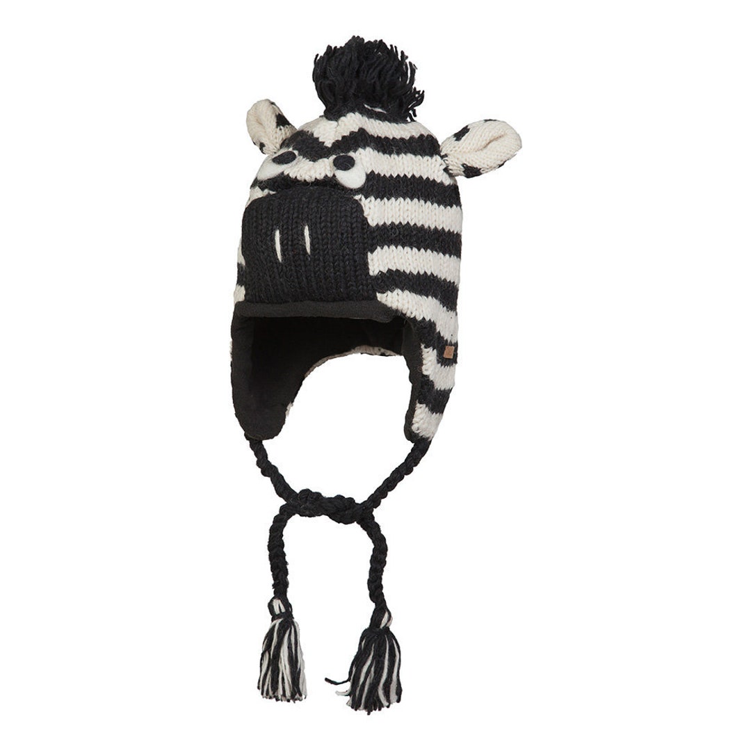 100% Lamb Wool, Fleece Lined, Zebra Hat - Earflap Tuque - Hand Knitted ...