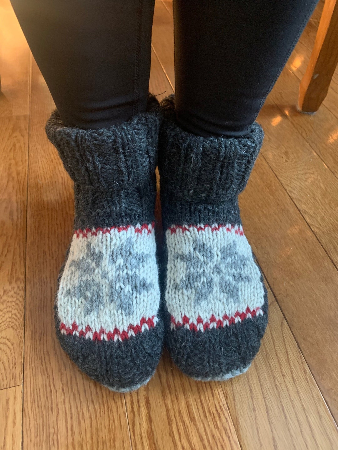 100% Pure Lamb Wool Handmade Polar Fleece Lined Snowflake Slippers With ...
