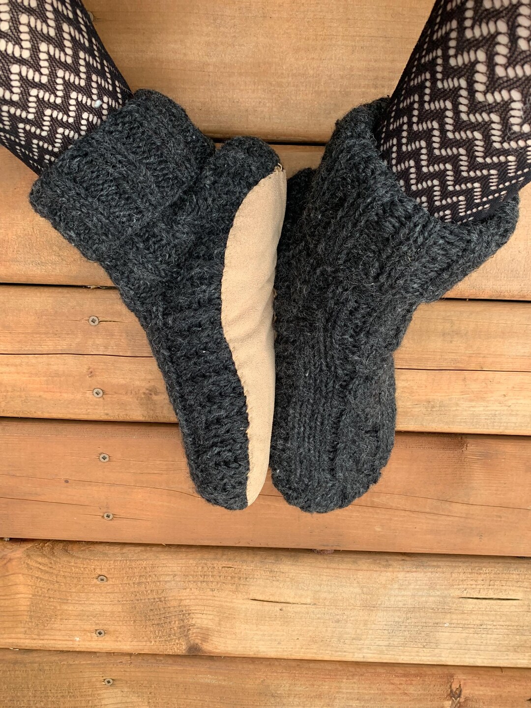 Hand-knitted Wool Slippers: Sheepskin Sole, Fleece Lined Socks - Etsy