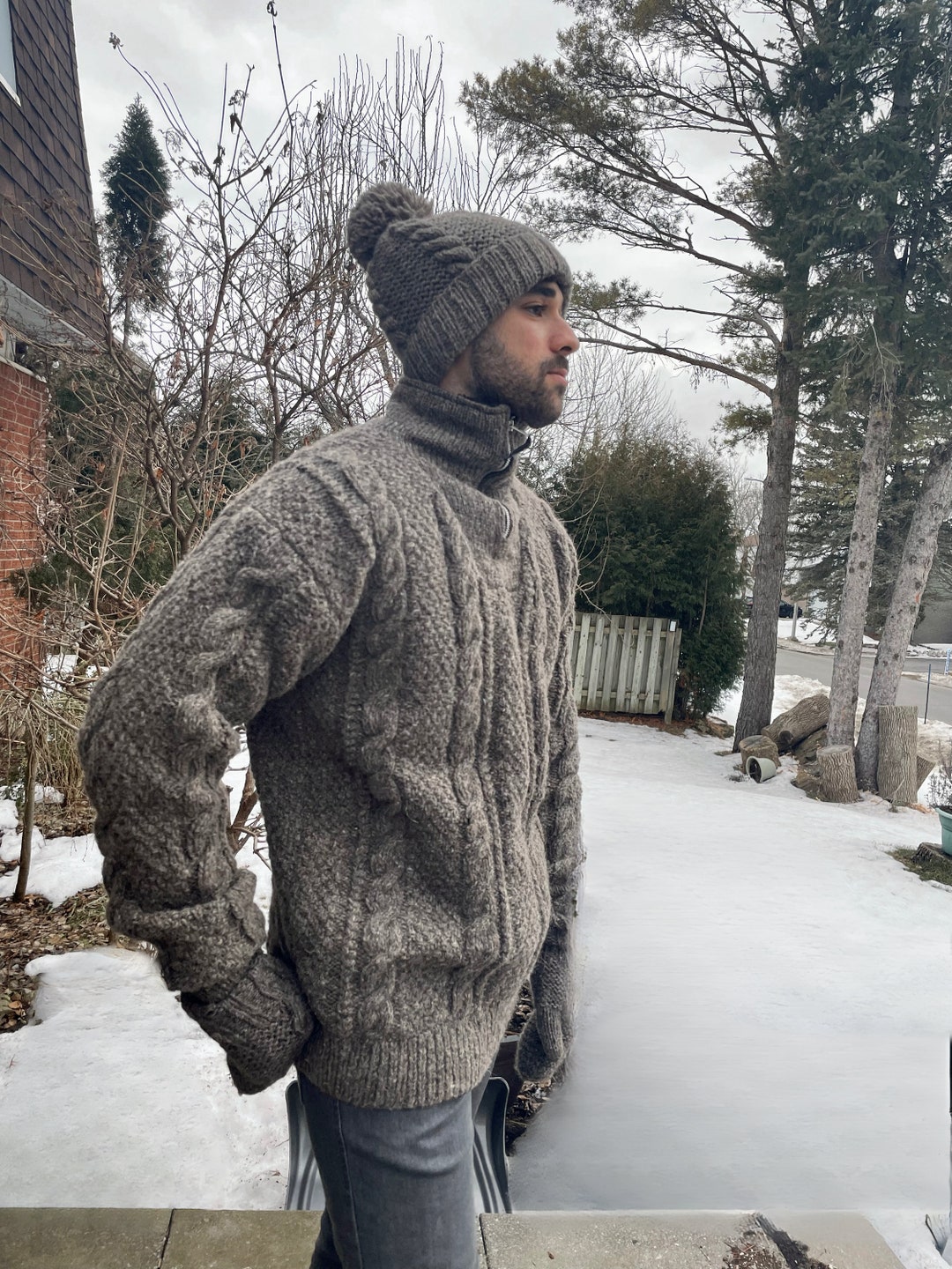 100% Lamb Wool Sweater, Unisex Cable Design, Sherpa Fleece Lining, Hand ...
