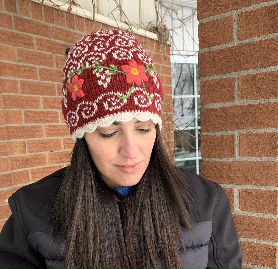 Hand-knitted Maroon Lambswool Beanie: Embroidered Flower Fleece-lined ...