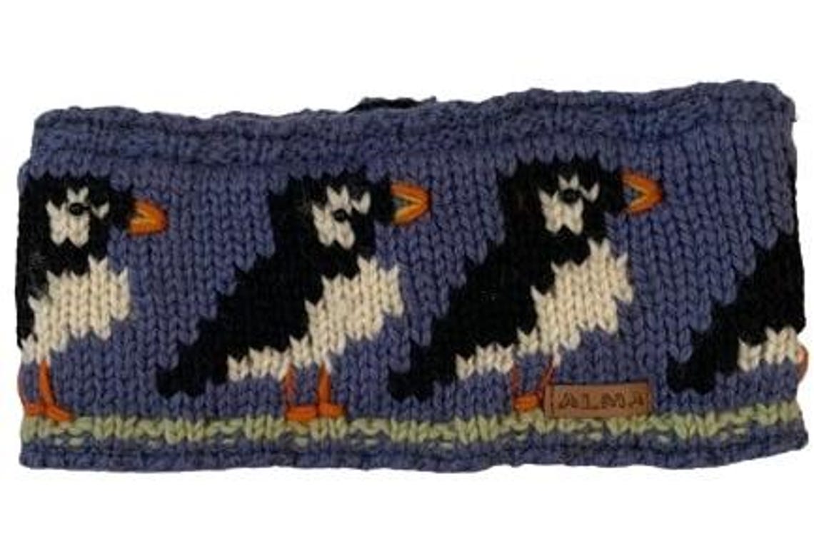 Hand-knit Lamb Wool Headband: Puffin Design Ear Warmer, Fleece Lined - Etsy