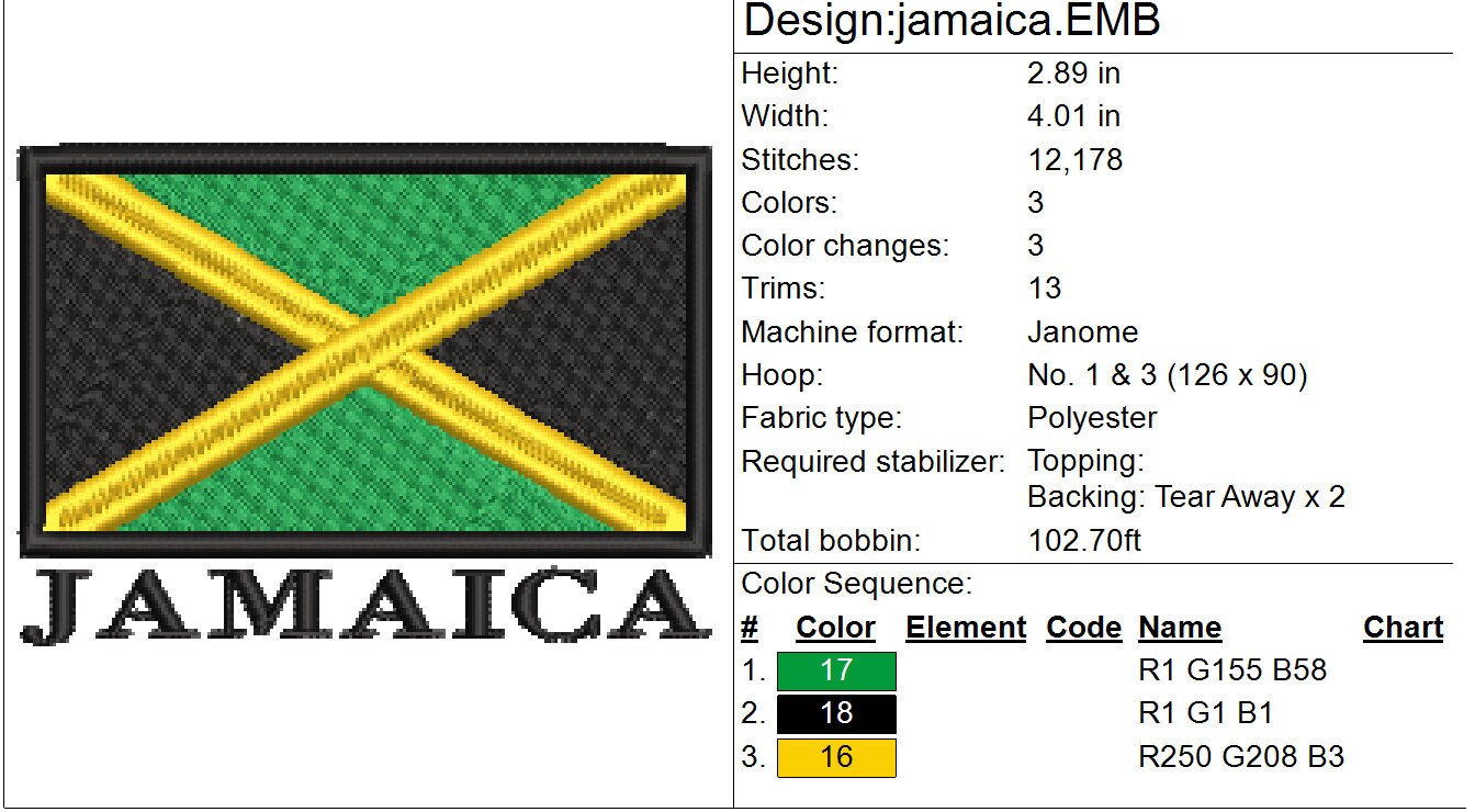 JAMAICA Jamaican Flag - Embroidery Digitizing - Emb Files - Pes Exp ...