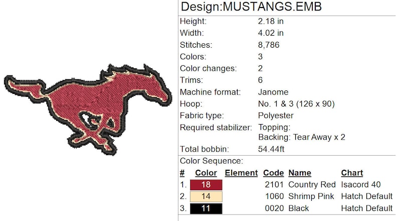MUSTANG - Embroidery Digitizing - Emb Files - Pes Exp - Digital Files ...