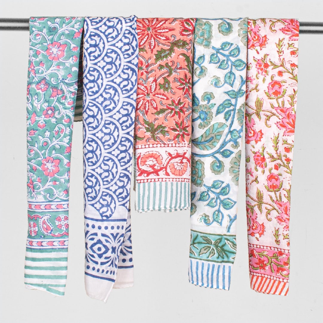 Hand Block Print Cotton Bandana Set of 5 | Unisex Neck Scarf | Floral ...