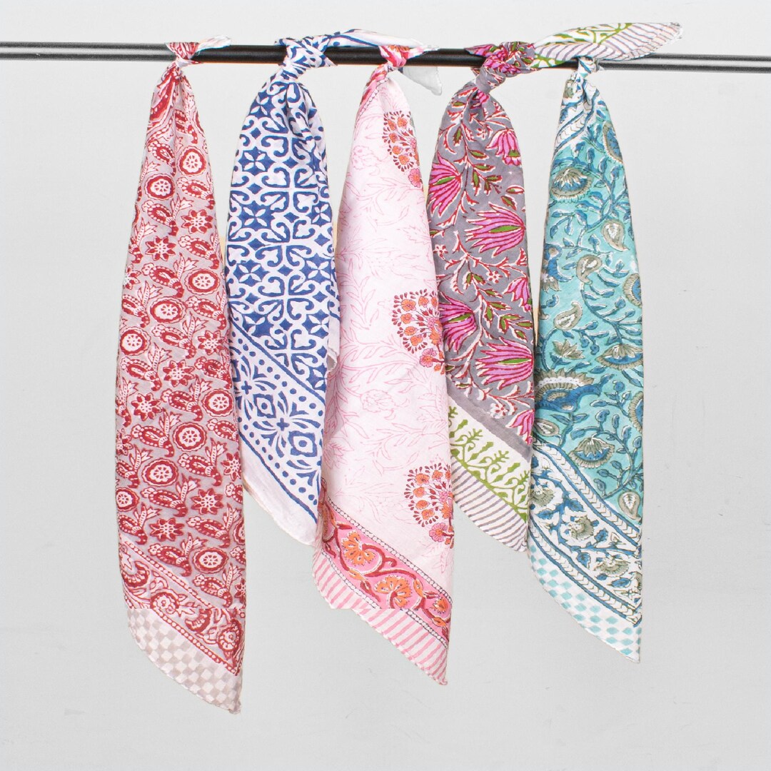 Hand Block Print Cotton Bandana Set of 5 - 21x21 Women Bandanas ...
