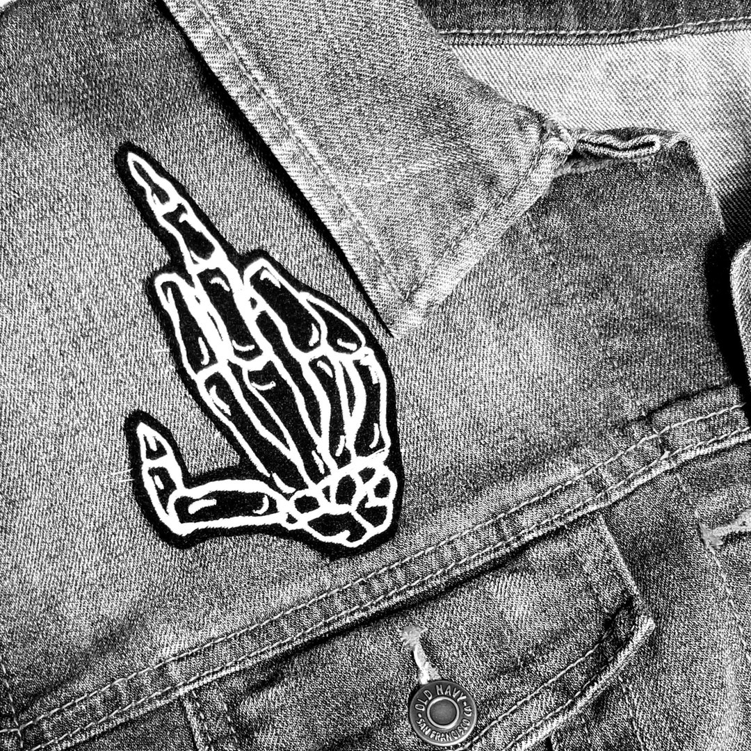 Middle Finger Skeleton Hand Iron on Patch, Goth Punk Jacket Patches ...