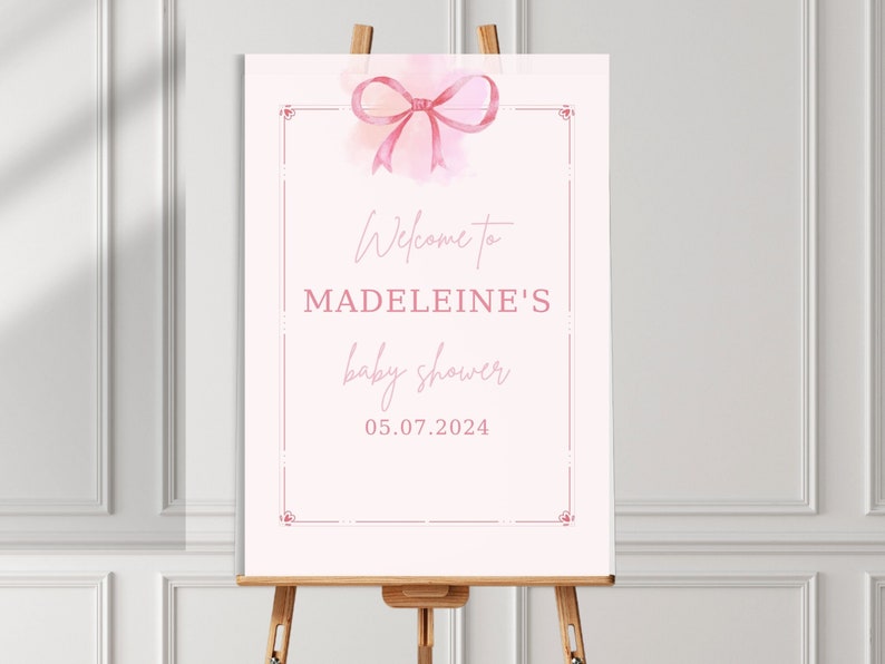 Pink Bow Welcome Sign for Baby Shower Editable, Minimalist Baby Shower ...