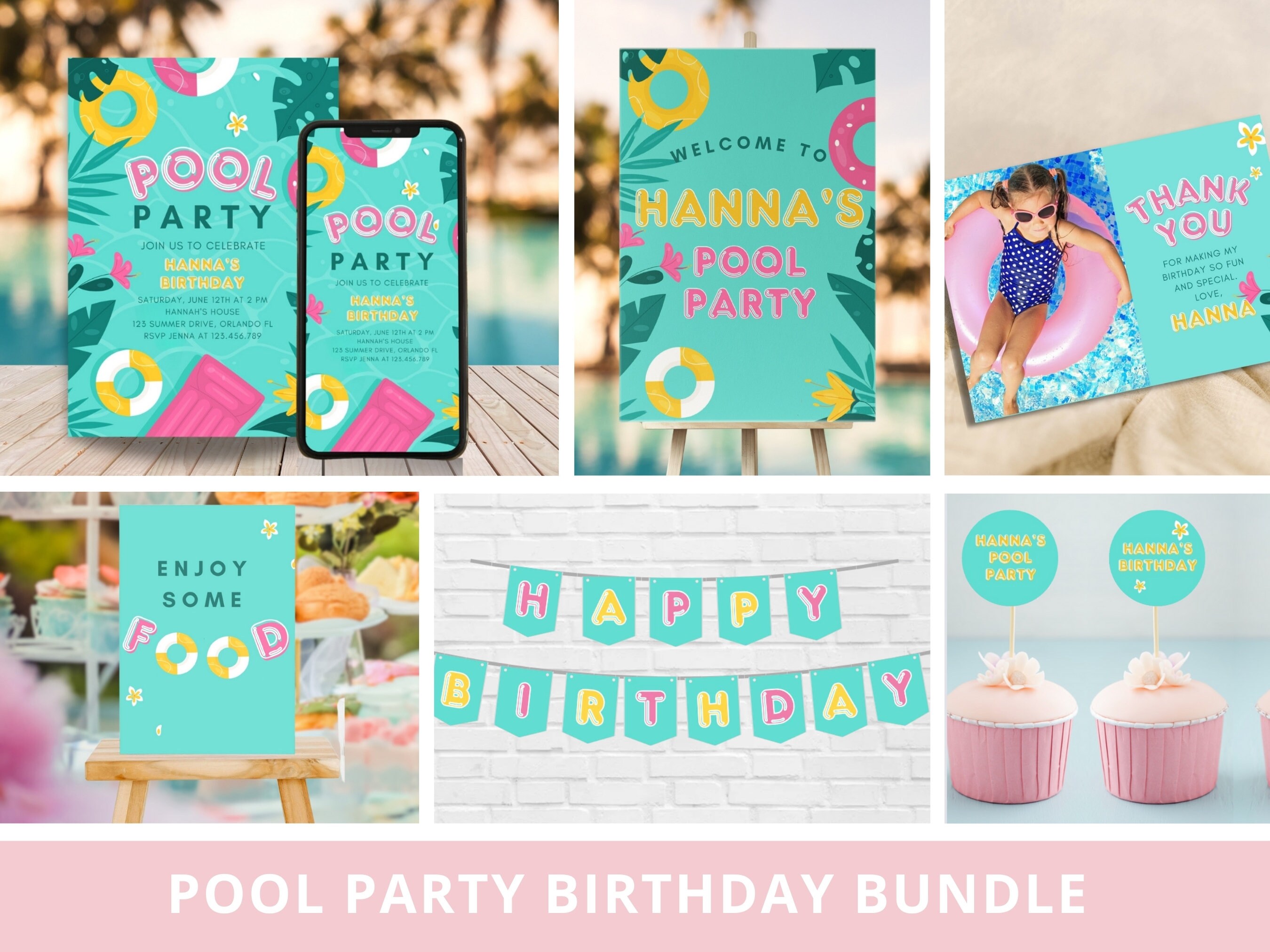 Editable Pool Party Birthday Invitation and Bundle Tropical Splish ...