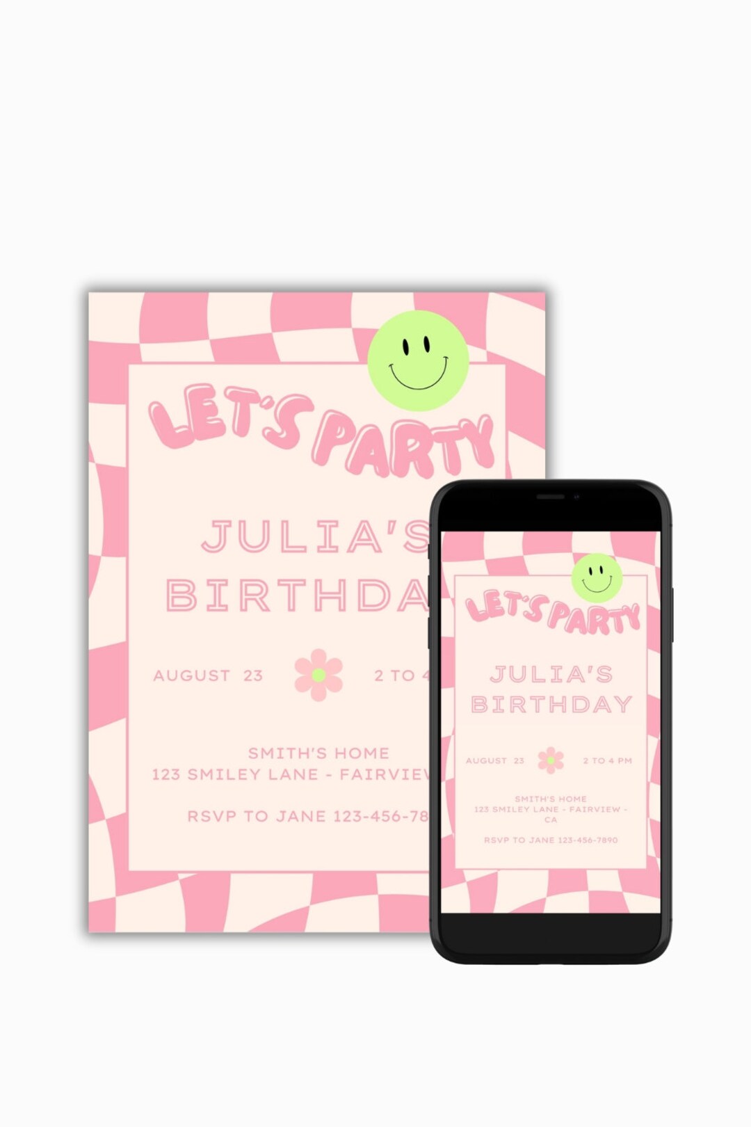 Editable Preppy Let's Celebrate Smile Face Birthday Invitation Template ...