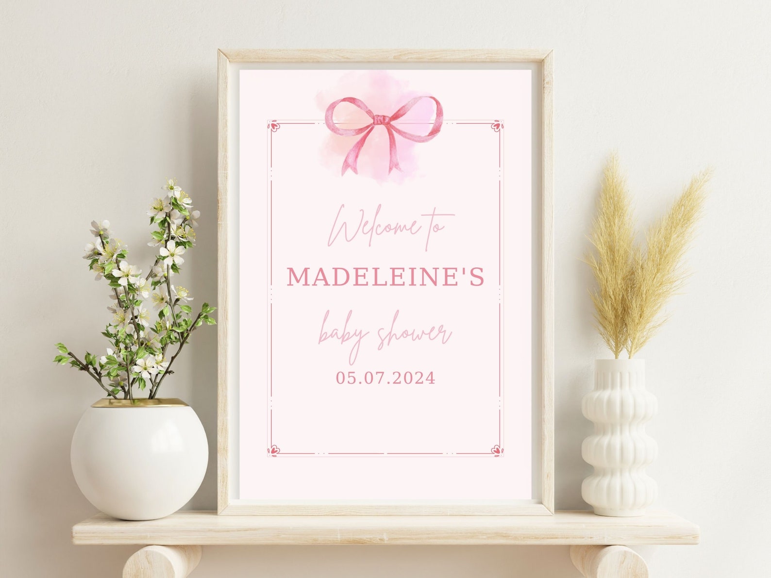 Pink Bow Welcome Sign for Baby Shower Editable, Minimalist Baby Shower ...