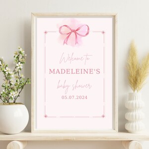 Pink Bow Welcome Sign for Baby Shower Editable, Minimalist Baby Shower ...