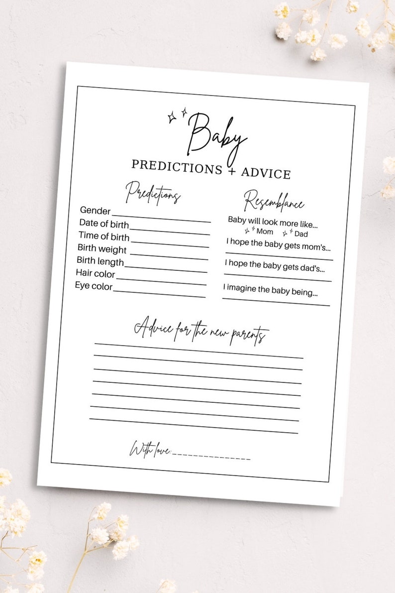 Minimalist Baby Predictions Card Baby Shower Games Advice & Wishes for ...