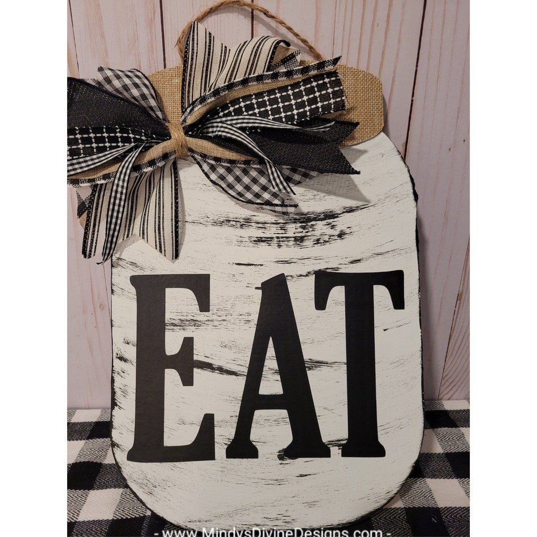 EAT Mason Jar Buffalo Check Farmhouse Kitchen Wall Hanging Shabby ...