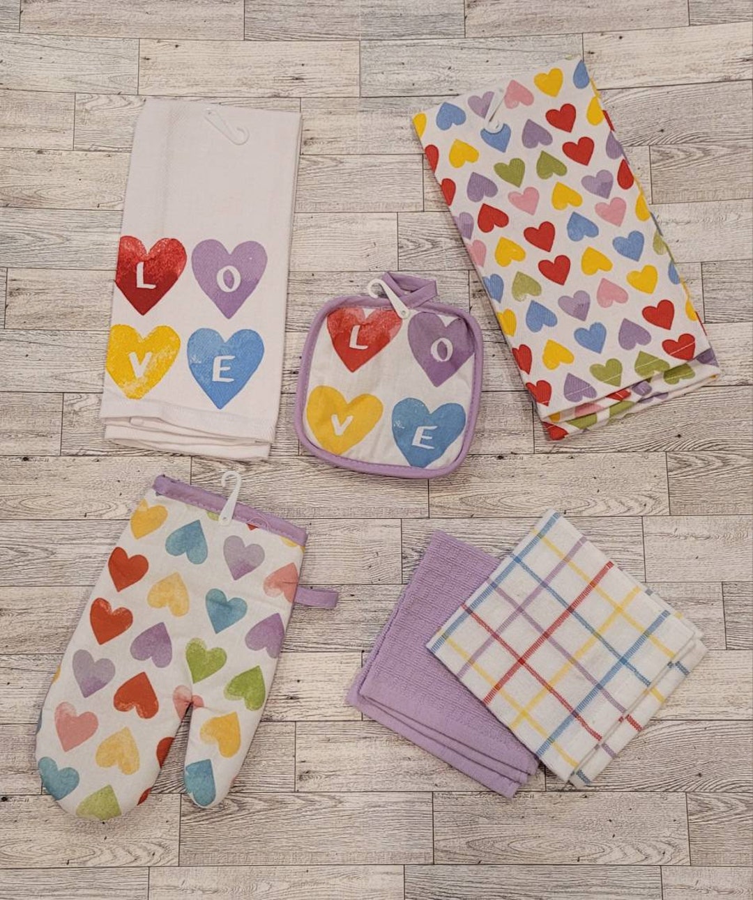 6 Piece Kitchen Linens Set Watercolor Heart Valentine's Day Farmhouse ...