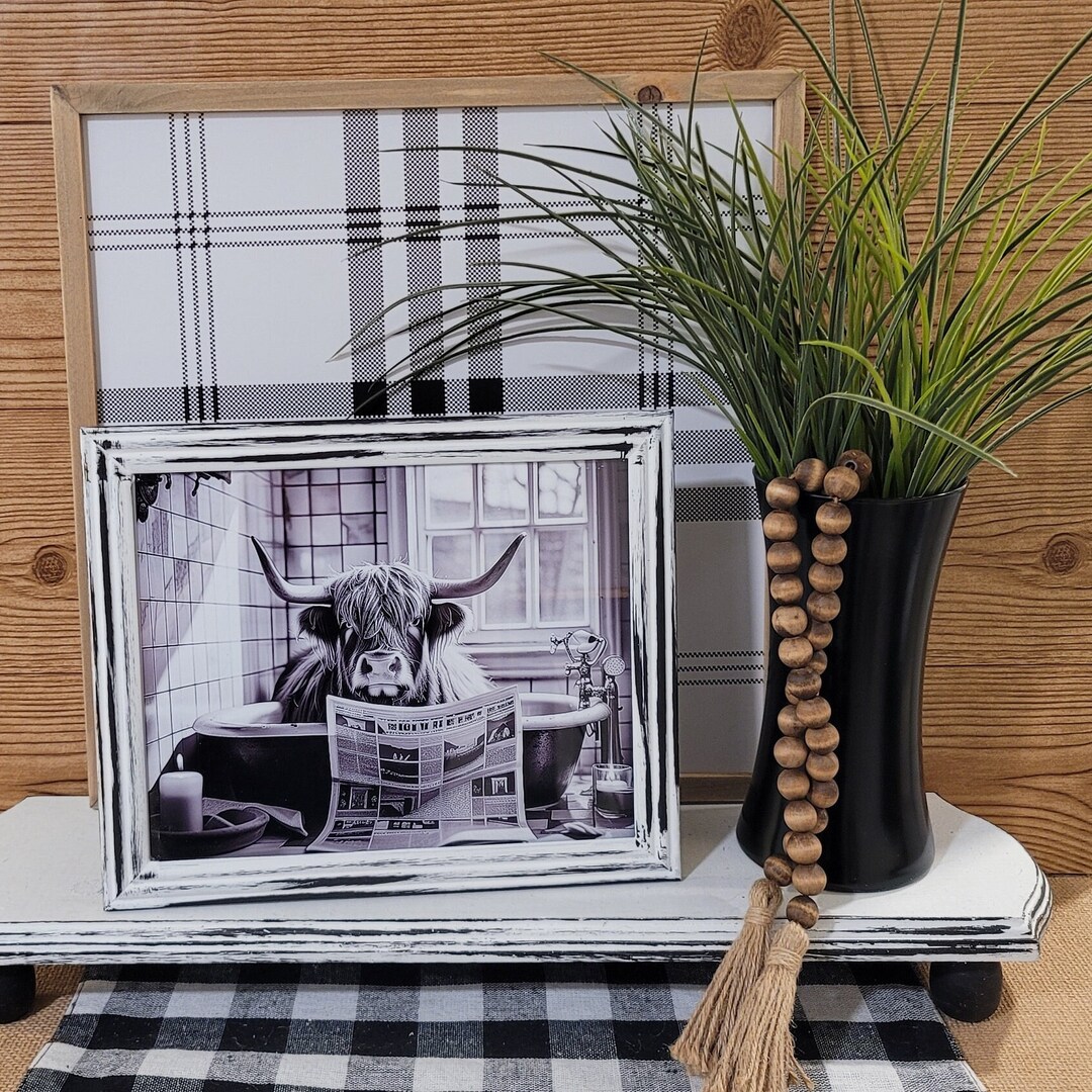 Highland Cow Home Decor Black & White Distressed Farmhouse Decor Hot ...