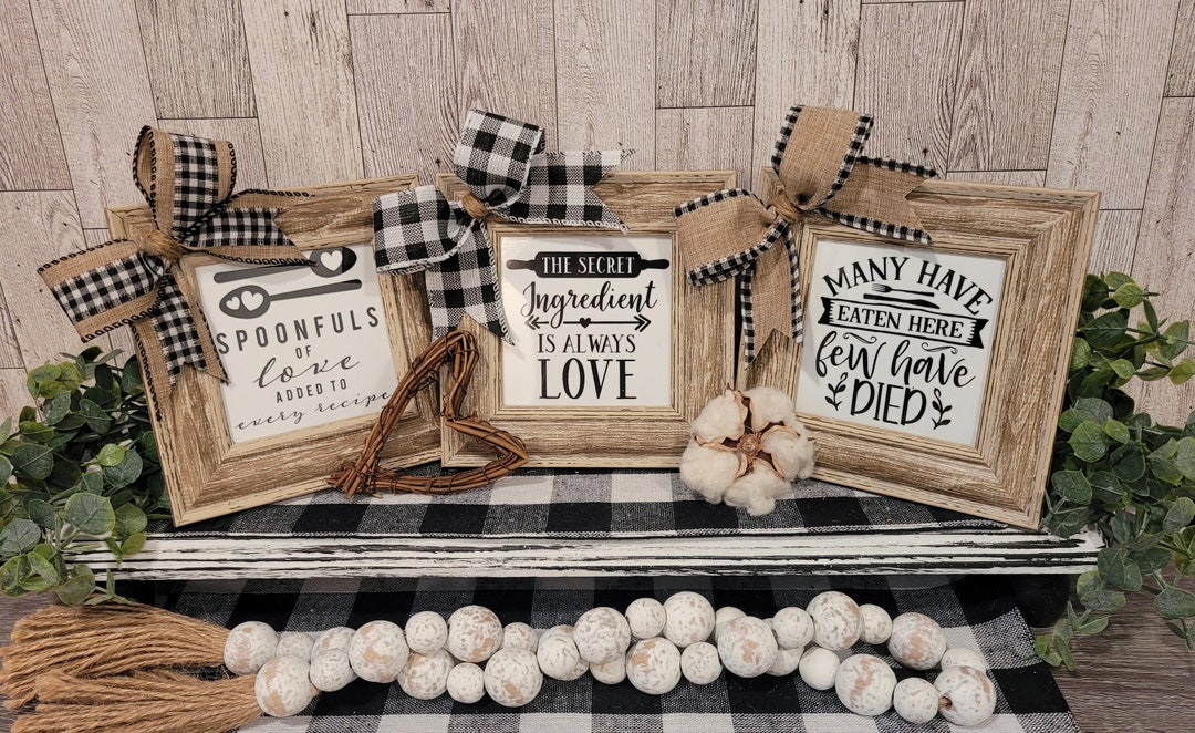 Three Farmhouse Kitchen Signs Black & White Distressed Tier Tray Rustic ...