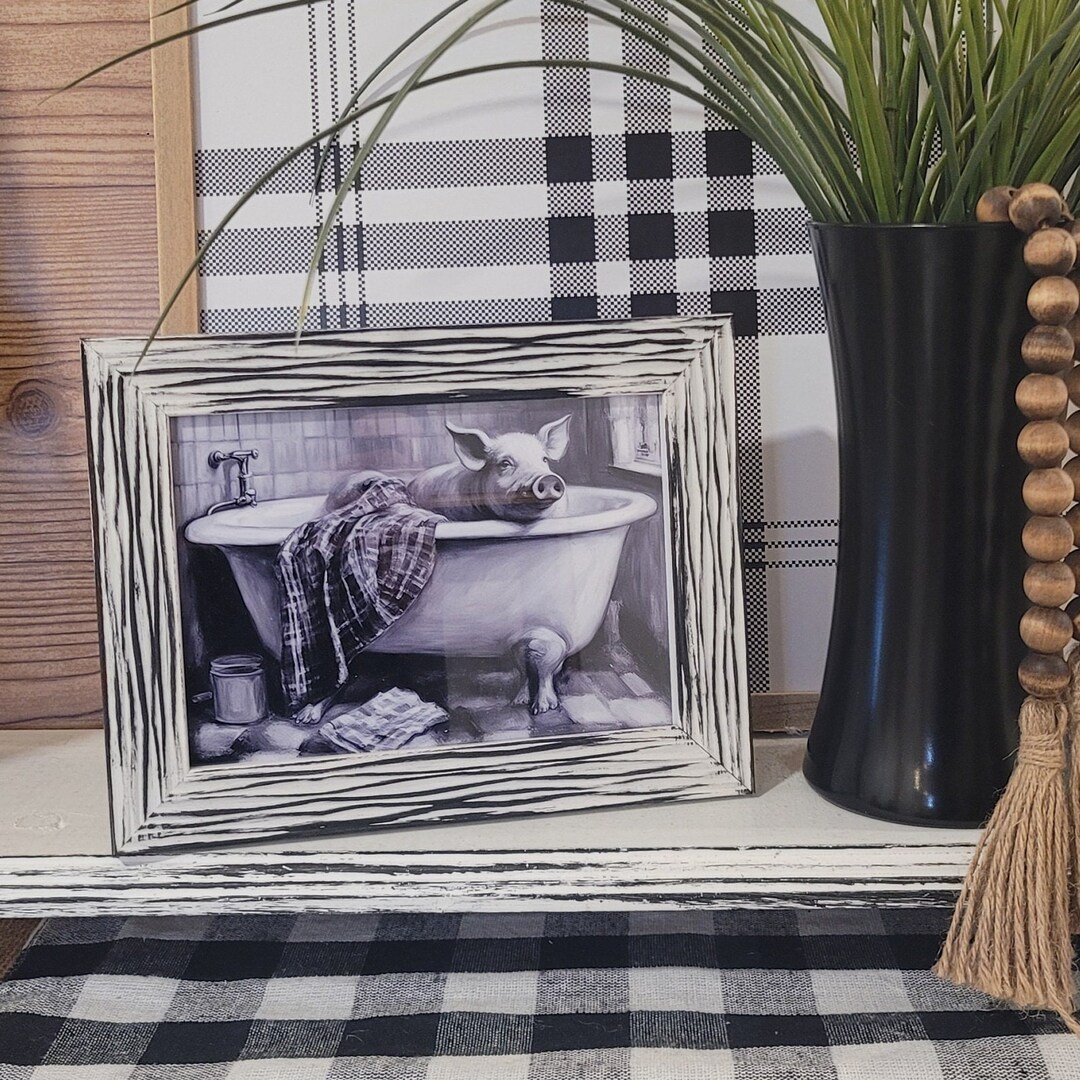 Pig Buffalo Check Home Decor Black & White Distressed Frame Farmhouse ...