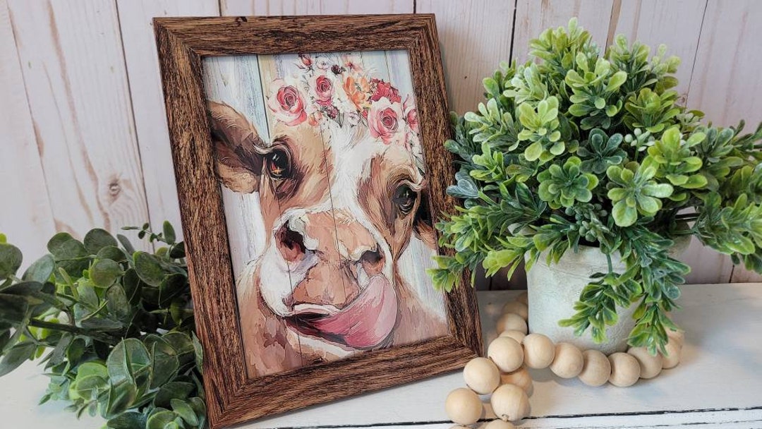Floral Pretty Cow Rustic Framed Art Farmhouse Style Decor Kitchen Decor ...