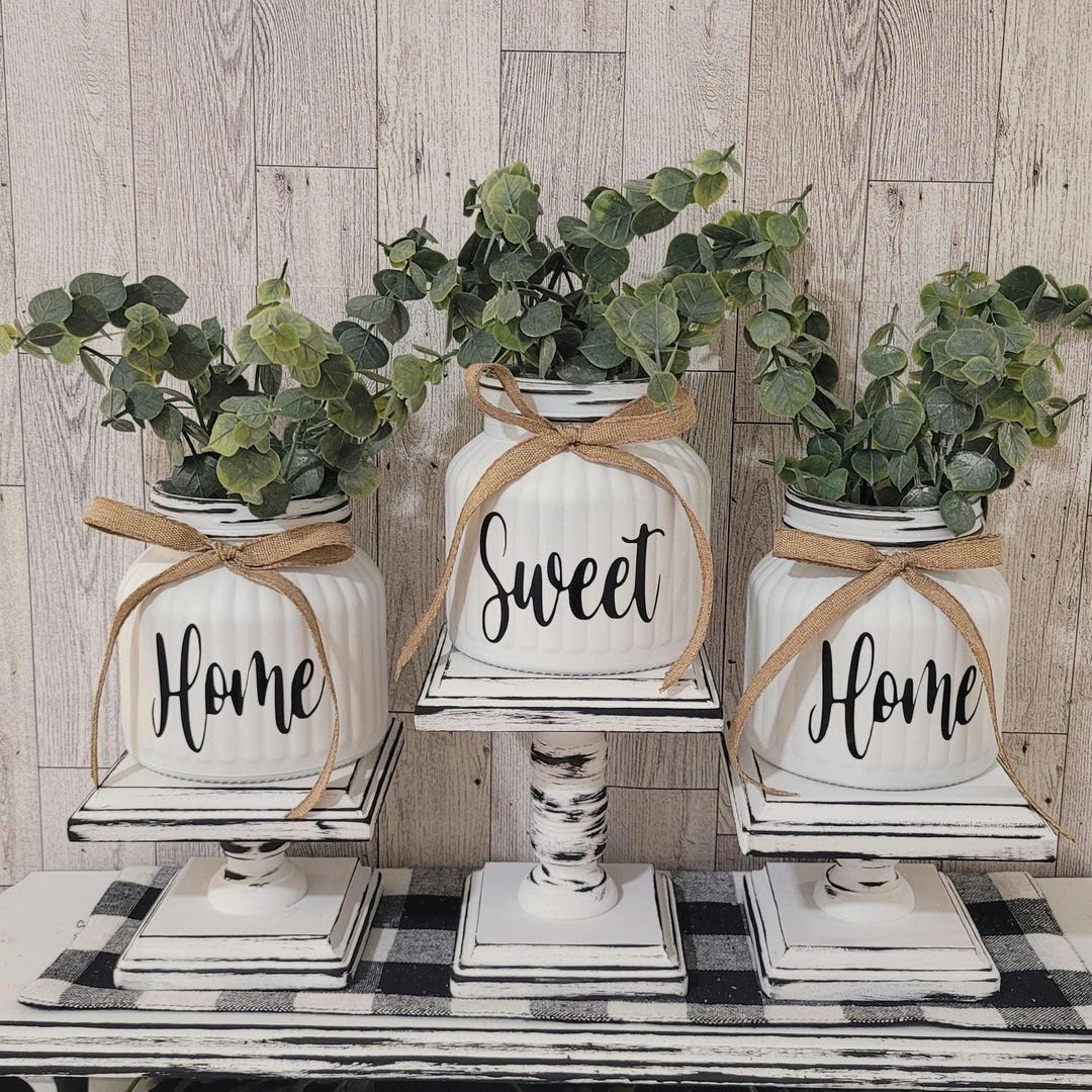 Home Sweet Home Vases: Farmhouse Buffalo Check Decor With Faux Greenery ...