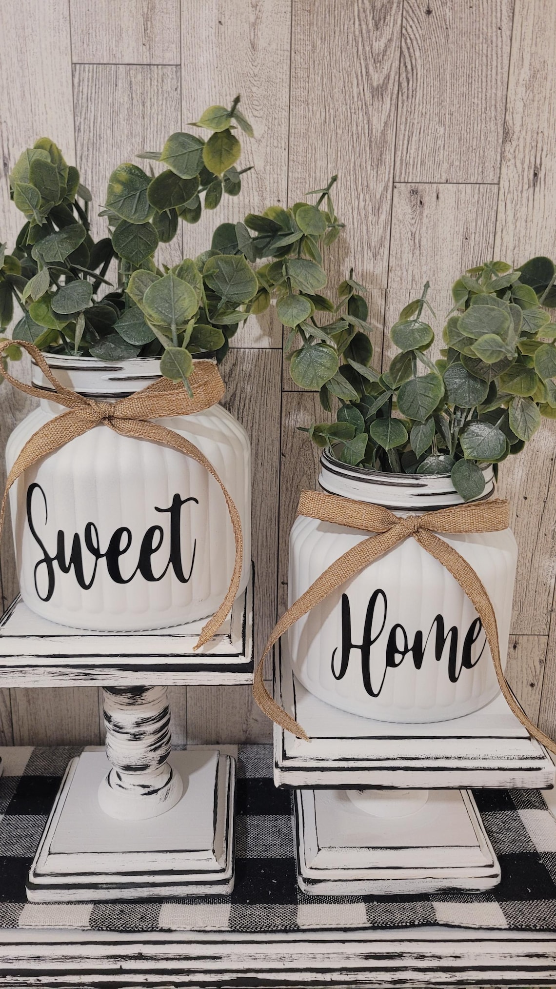 Home Sweet Home Vases: Farmhouse Buffalo Check Decor With Faux Greenery ...