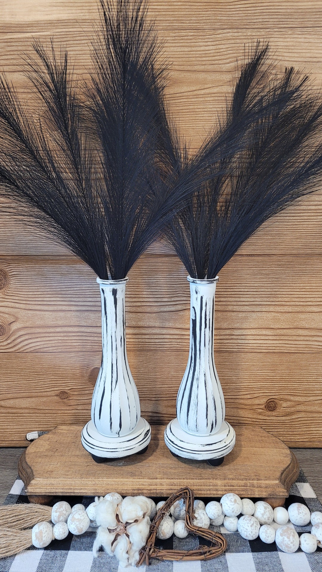 Two Feather Vases Black & White Black Feathers Elegant Farmhouse Decor Buffalo Plaid Home Decor ...