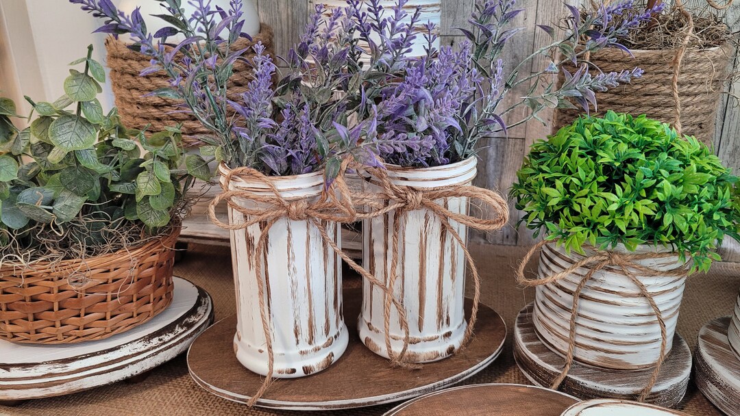 Two Rustic Vases | Faux Lavander Plant | Farmhouse Decor | Distressed ...