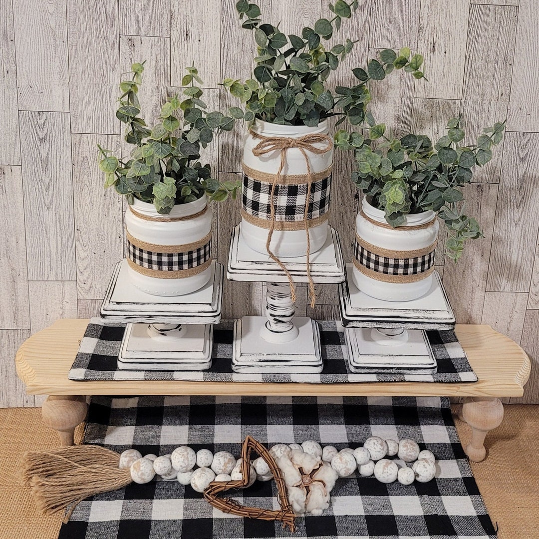 Three Buffalo Plaid Vases Faux Greenery Plant Farmhouse Decor Kitchen ...