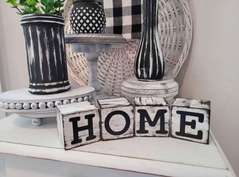 Wooden H-O-M-E Blocks Distressed Black & White Farmhouse - Etsy